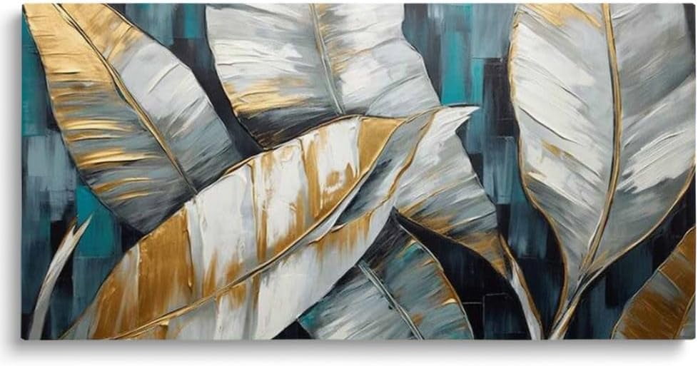 AVOI Hand Painted Gold Leaves Oil Painting on Canvas Abstract Green ...