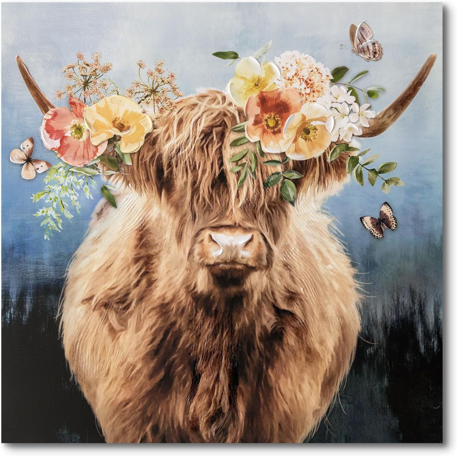 AVOI Hand-Painted Highland Cow Canvas Wall Art,Lovely Cow With Flower ...