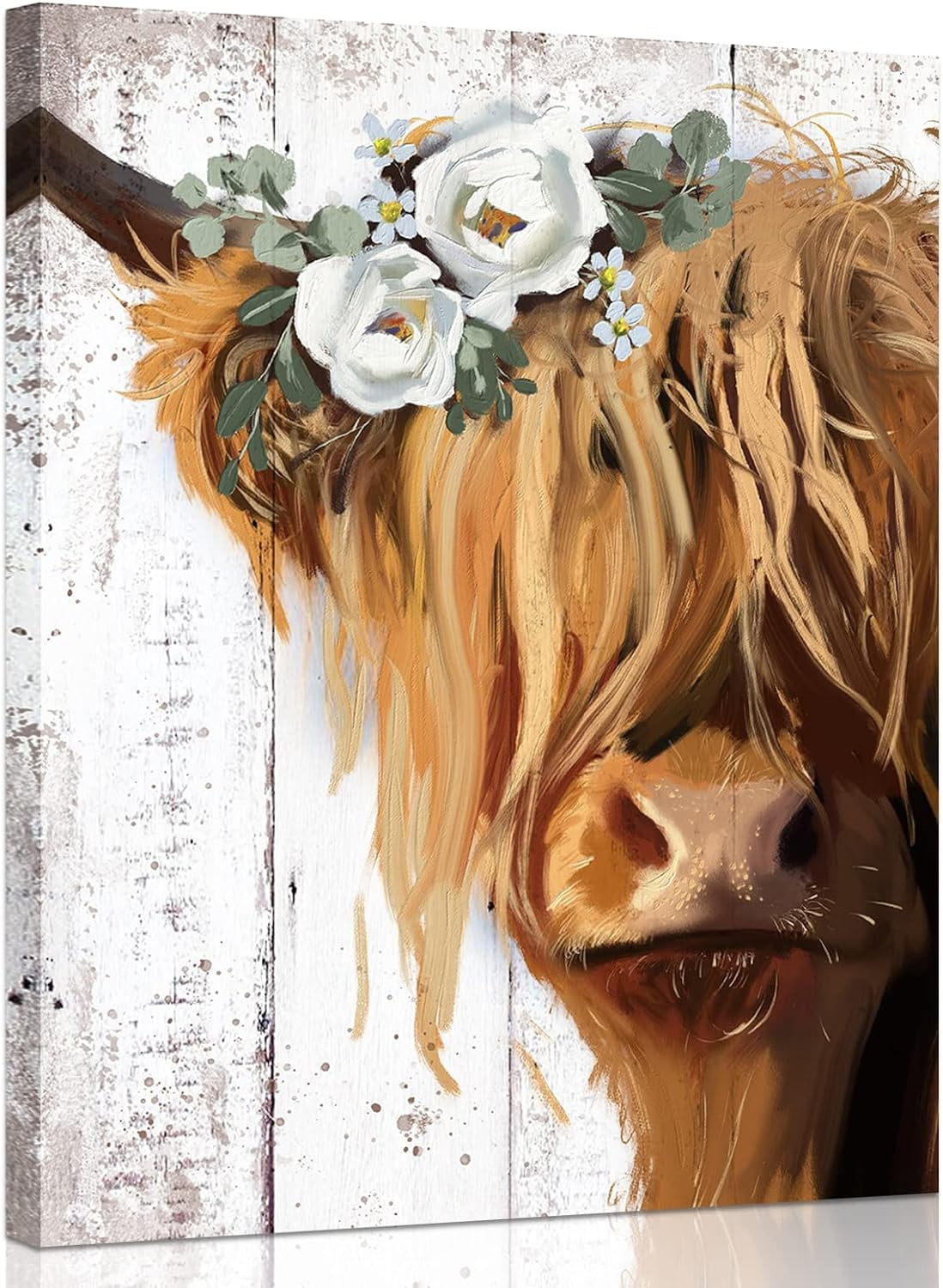 AVOI Highland Cow Canvas Wall Art: Cow with White Flower Picture ...