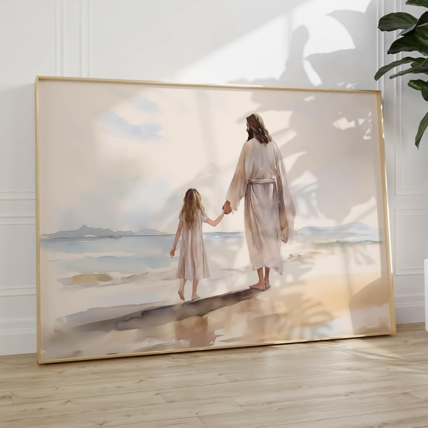 AVOI Jesus Walking with Girl on Beach Wall Art Walk by Faith Poster Jesus Watercolor Painting ...