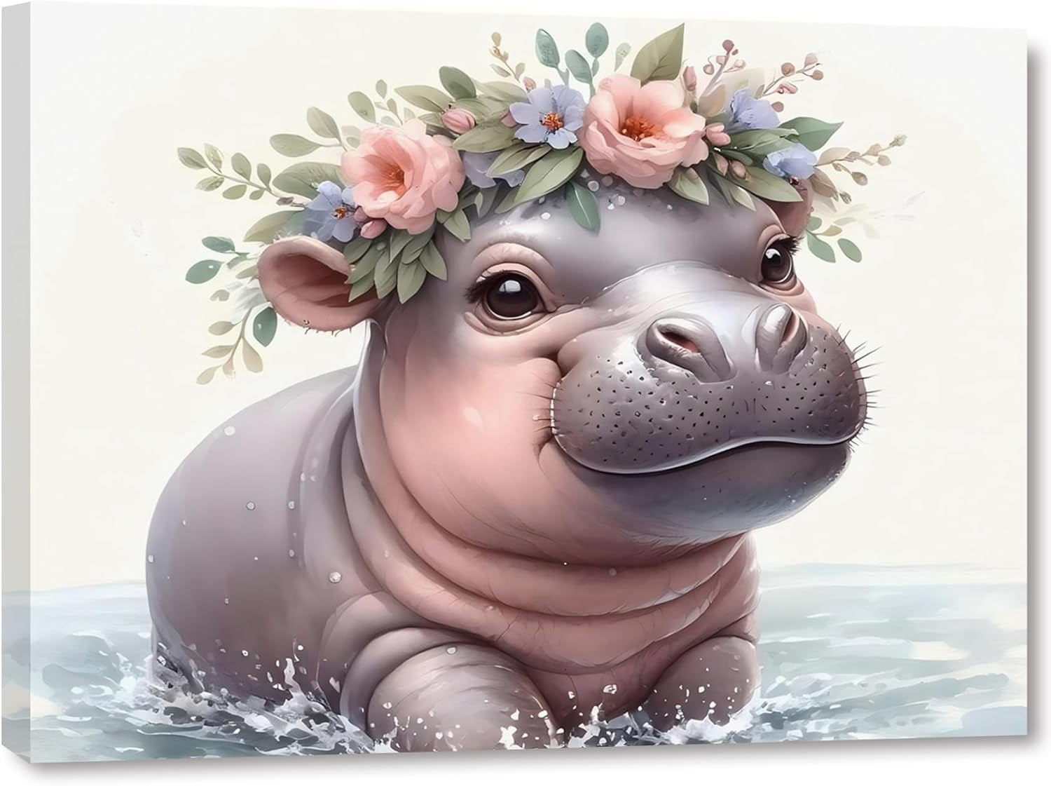 AEFER Lovely Baby Hippo Canvas Wall Art, Unframed Stretched Animal ...