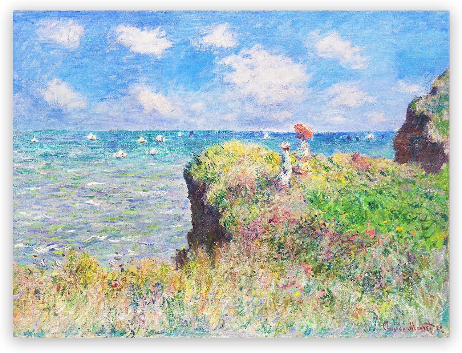 AVOI Monet Canvas Wall Art-The Cliff Walk at Pourville Poster Print-Blue Sky，Sea，Sailboat ...