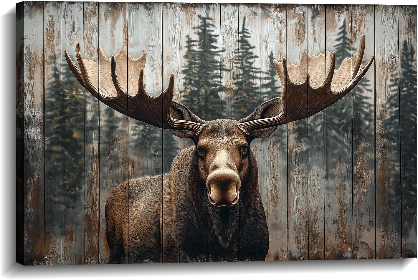AVOI Moose Canvas Wall Art Deer with Pine Tree on Wood Background ...