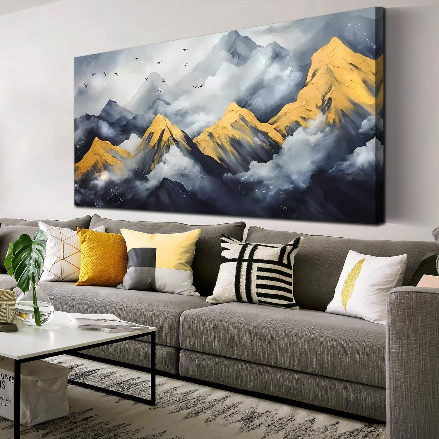 AVOI Mountain Wall Art for Living Room, Gold white Canvas Art Print ...