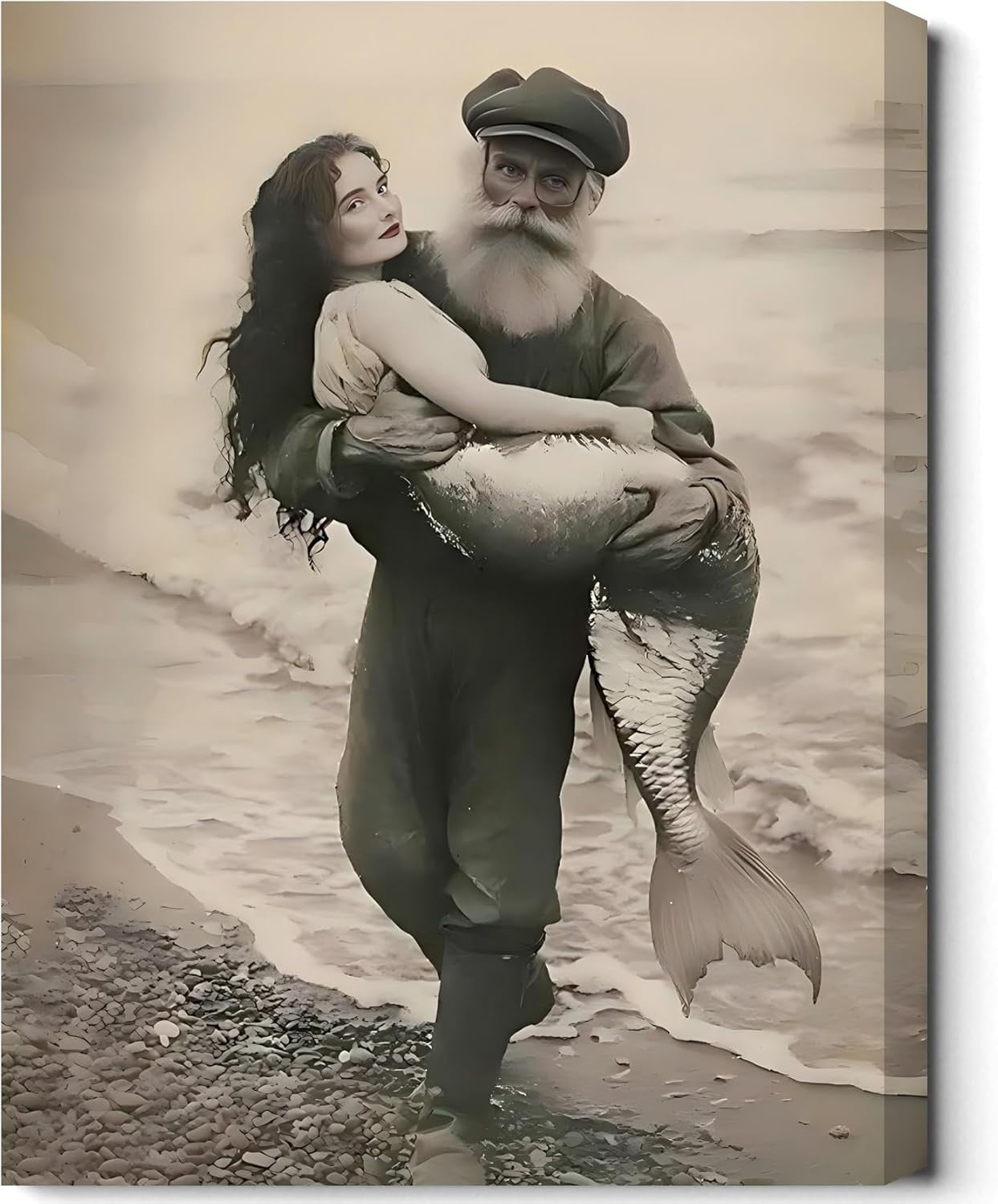 AVOI Old Man and the Mermaid Canvas Wall Art, Black and White Unframed ...