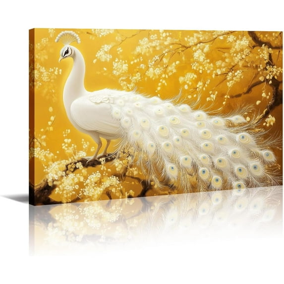 AVOI Peacock Canvas Wall Art Yellow Flower Poster White Peacock on ...