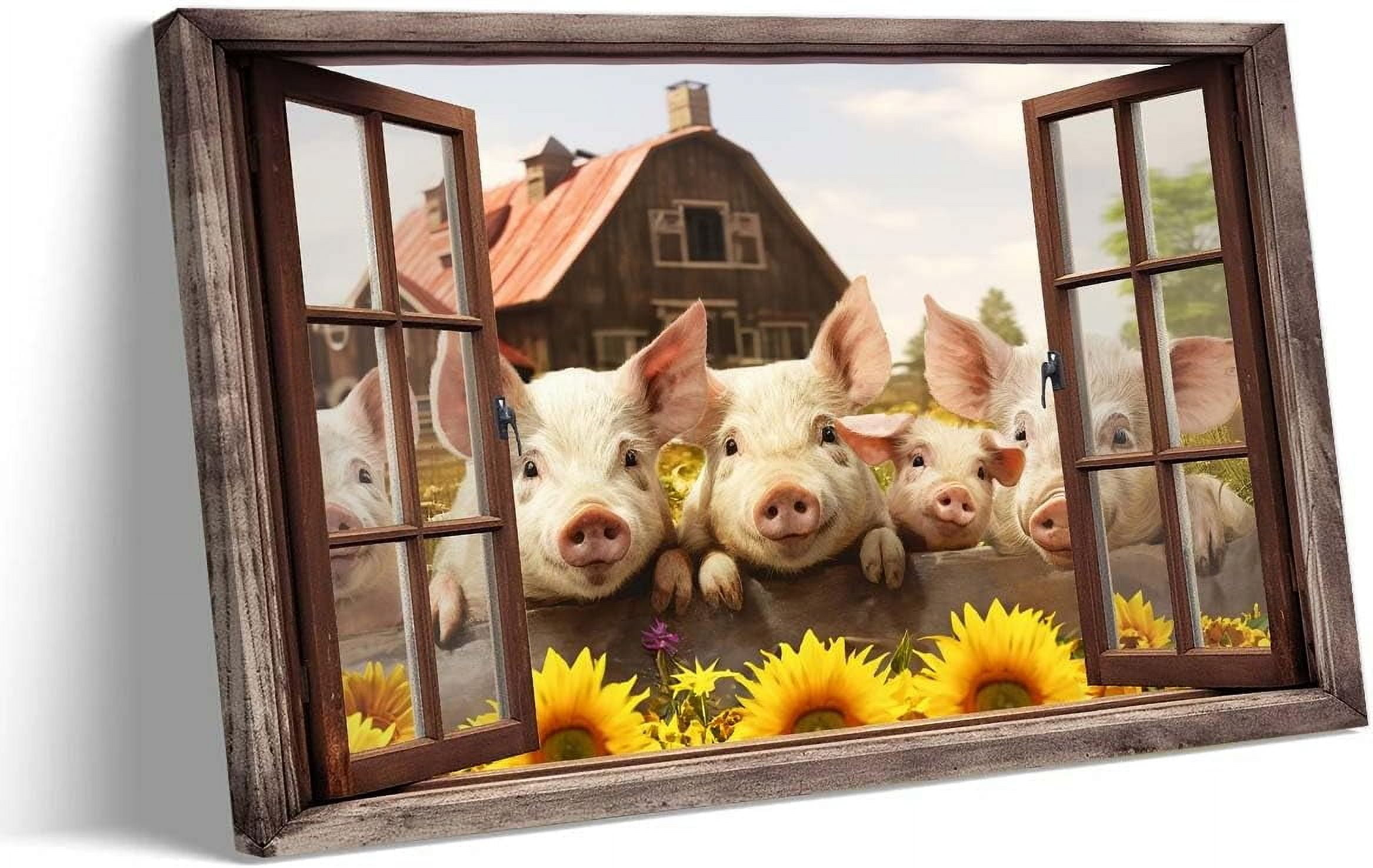 AVOI Pig Wall Art Sunflower Poster Framed Outside The Window Wall Art ...