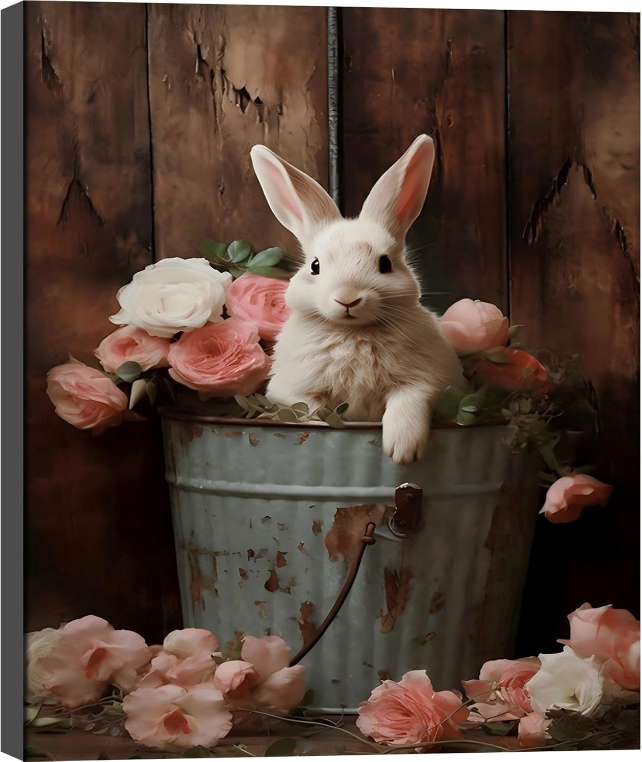 AVOI Pink Rose Easter Bunny Canvas Wall Art, White Rabbit Poster Print ...