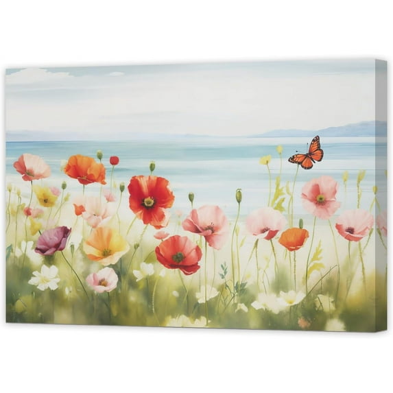 AVOI Poppies Wall Art Floral Butterfly Pictures Poppy Flower Painting ...