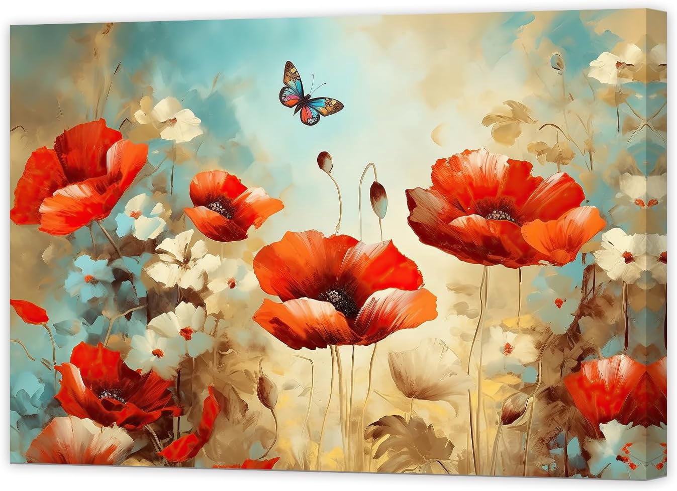 AVOI Poppies Wall Art Floral Butterfly Pictures Poppy Flower Painting ...