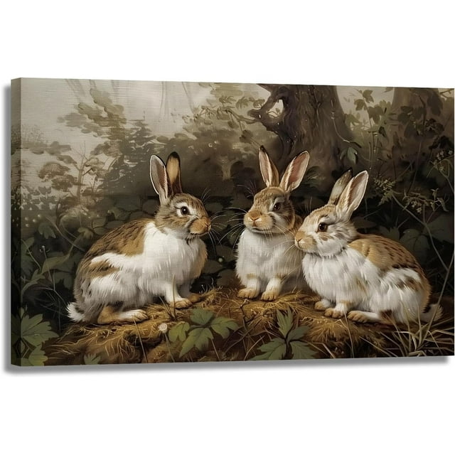 AVOI Rabbit Canvas Wall Art Vintage Wall Decor Bunny in Forest Painting ...