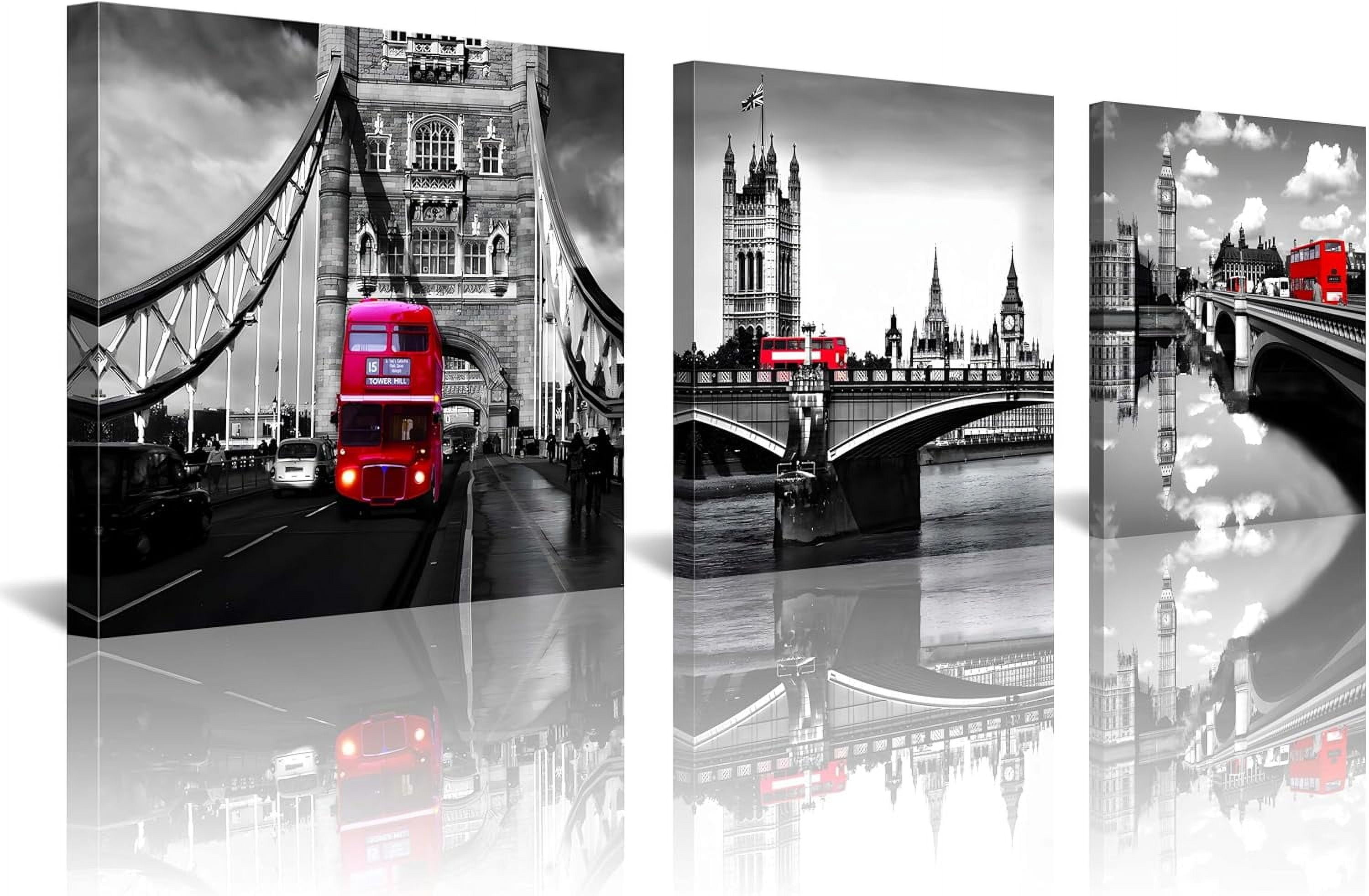 AVOI Red London Double Decker Bus at Tower Bridge Canvas Wall Art Black ...