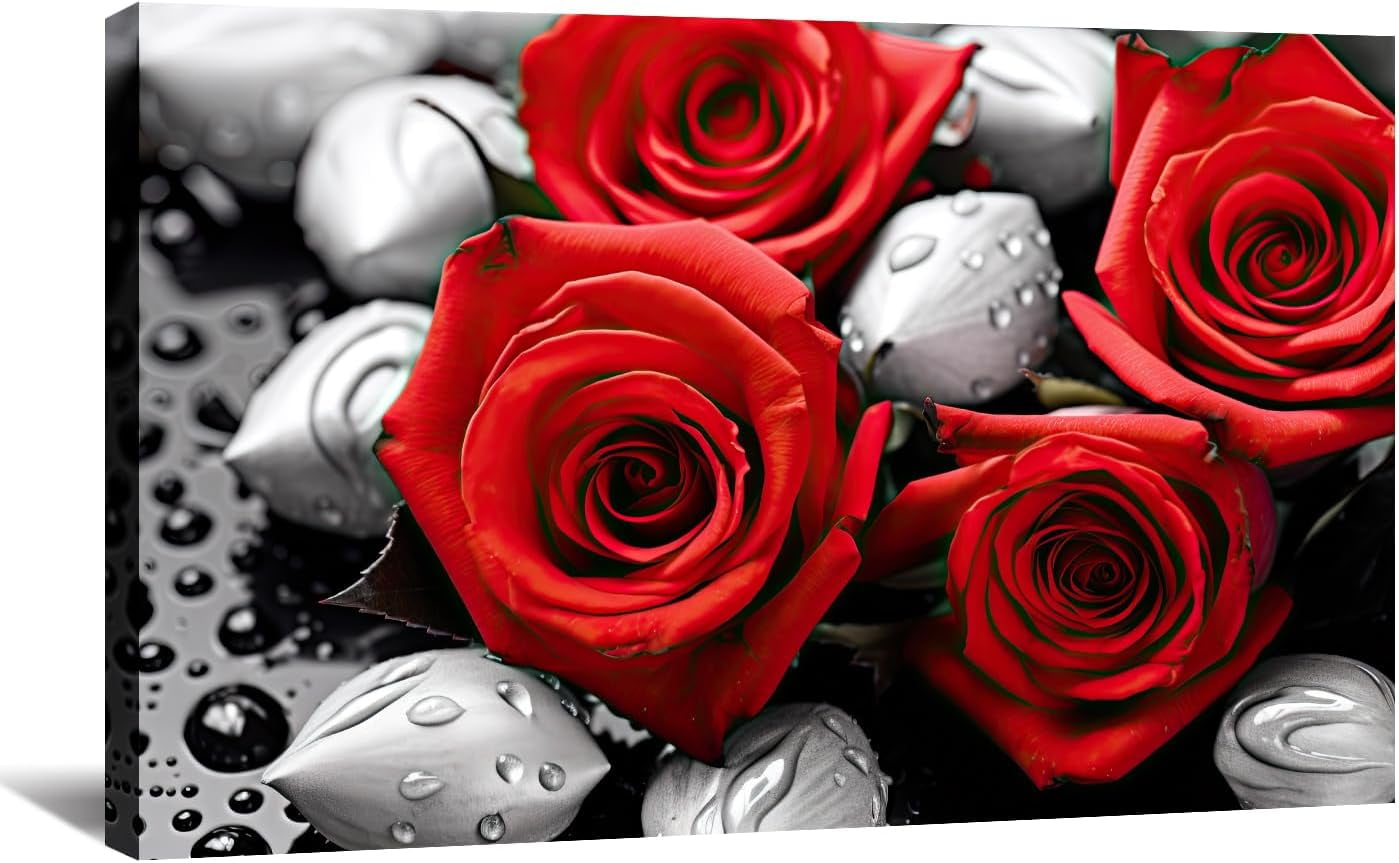AVOI Red Rose Wall Decor,Black and White Canvas Wall Art Flower Poster ...