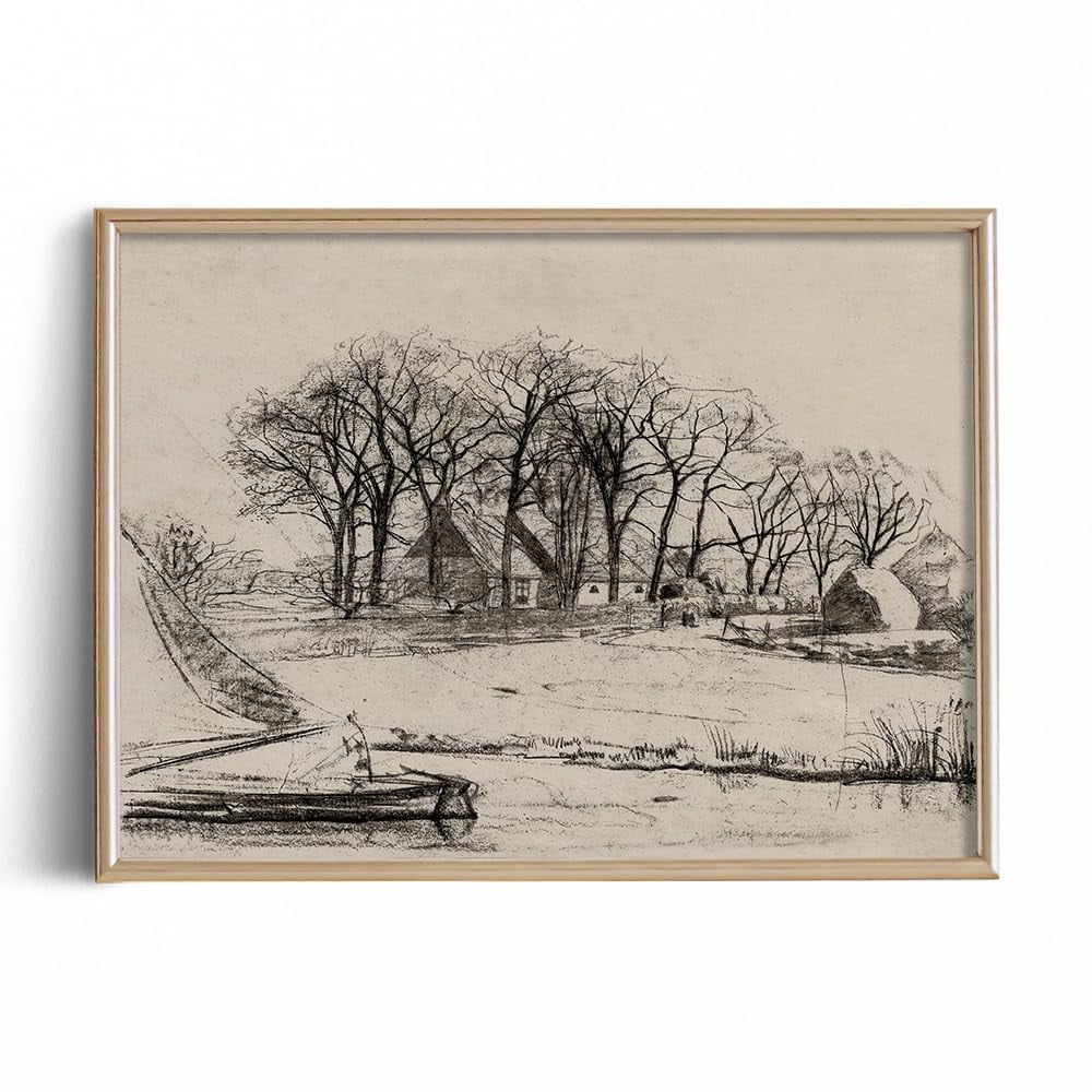 AVOI Riverside Building Trees Print Poster - Landscape Drawing Etching ...