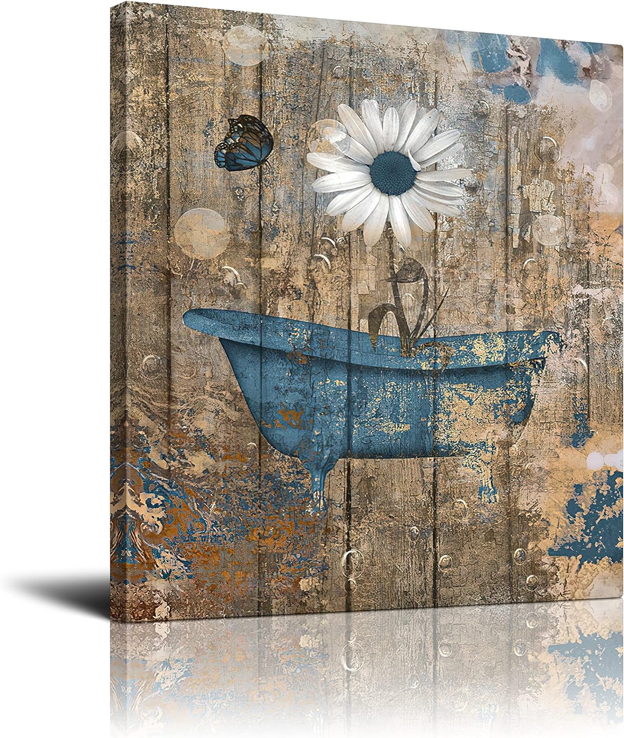 AVOI Rustic Farmhouse Daisy Canvas Wall Art Bathroom Decor Brown Blue ...