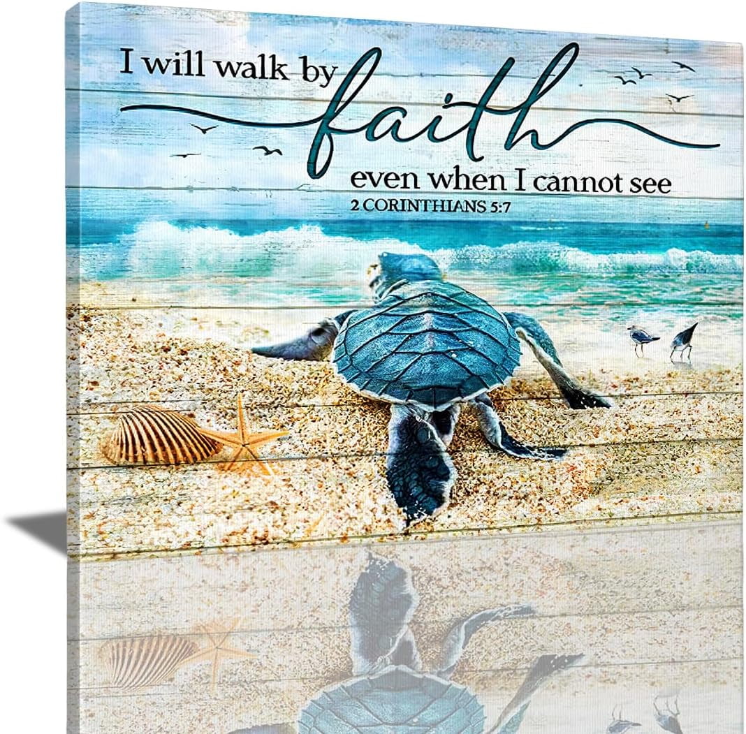 AVOI Scripture Holy Bible Wall Art Teal Sea Turtle Walk by Faith Canvas ...