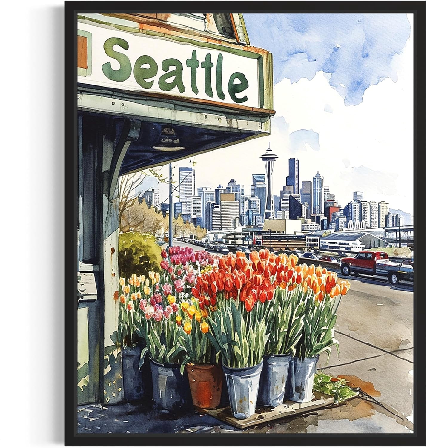 AVOI Seattle Flower Market Poster Art print, City Skyline Background ...