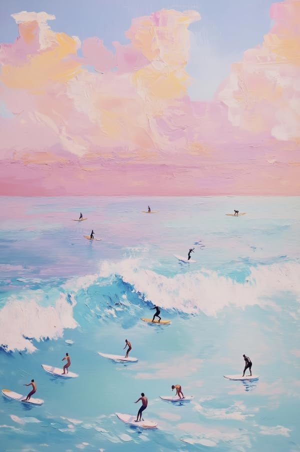 AVOI Summer Beachy Wall Art Pink Surf Painting Poster For Surfing Enthusiasts Room Decor-Ocean ...