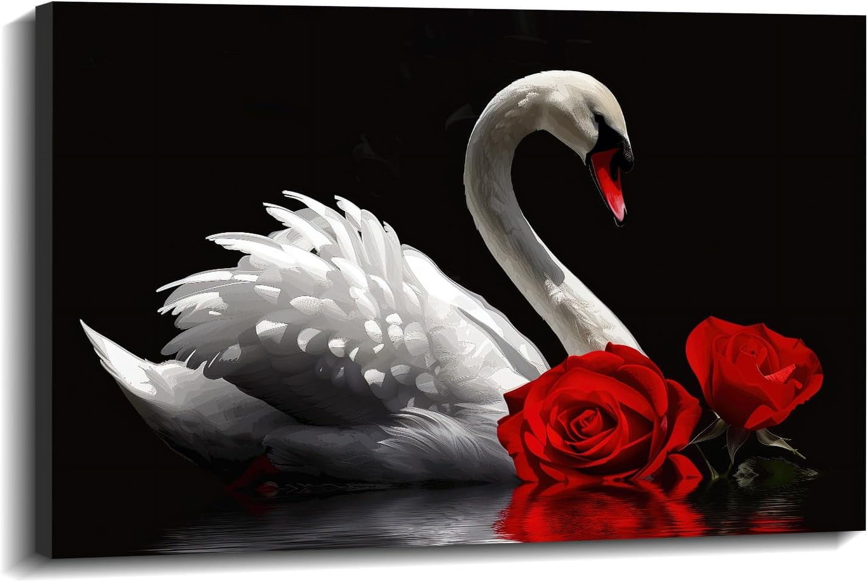 AVOI Swan Wall Art Black and White Posters Swan with Red Rose on Water ...