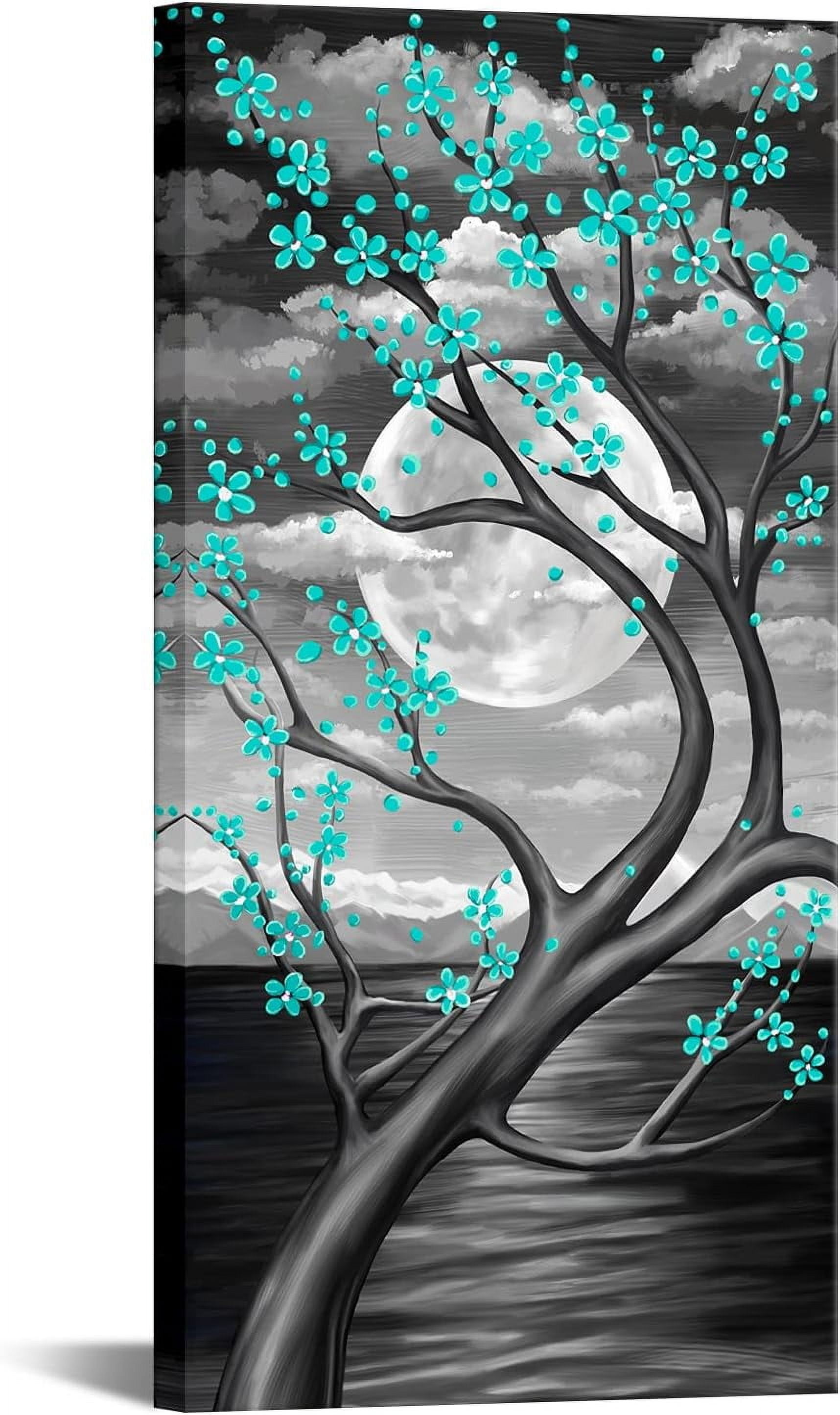 AVOI Teal Flower Tree Wall Art for Bedroom Cherry Blossom Tree in Full ...