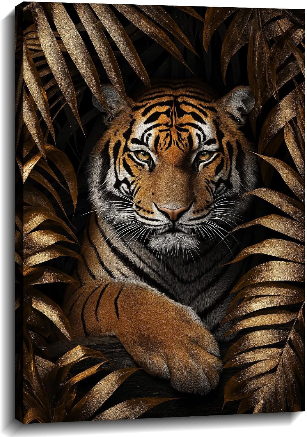 AVOI Tiger Canvas Wall Art Gold Leaves Picture Black Poster African ...