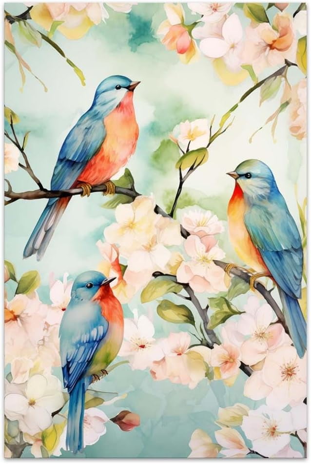 AVOI Unframed Canvas Wall Art, Three Blue Birds Wall Decor Print ...