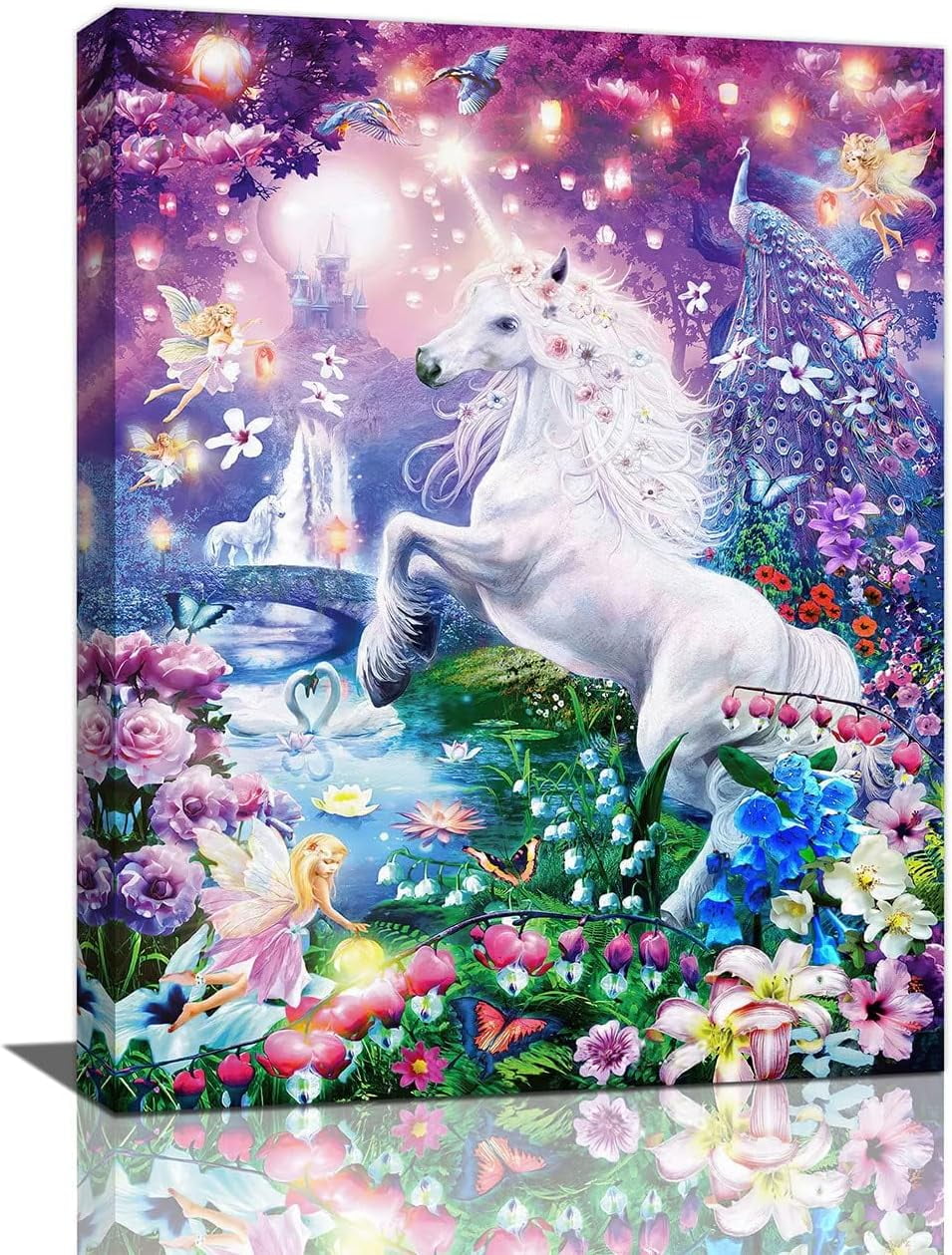AVOI Unicorn Canvas Wall Art Colorful Unicorn Elf Peacock Castle ...