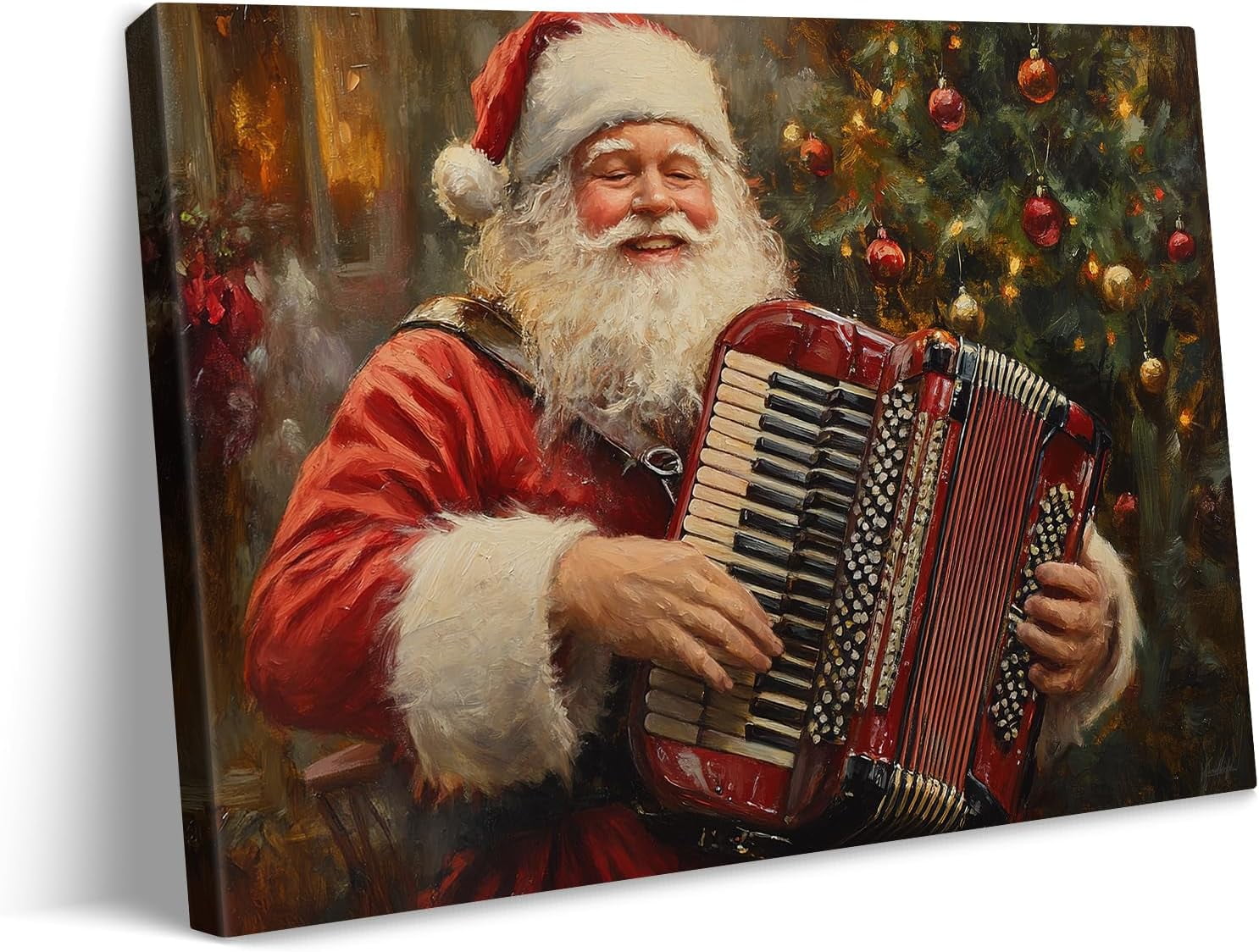 AVOI Vintage Christmas Canvas Wall Art Classic Santa Claus Playing Accordion Painting Retro Xmas ...