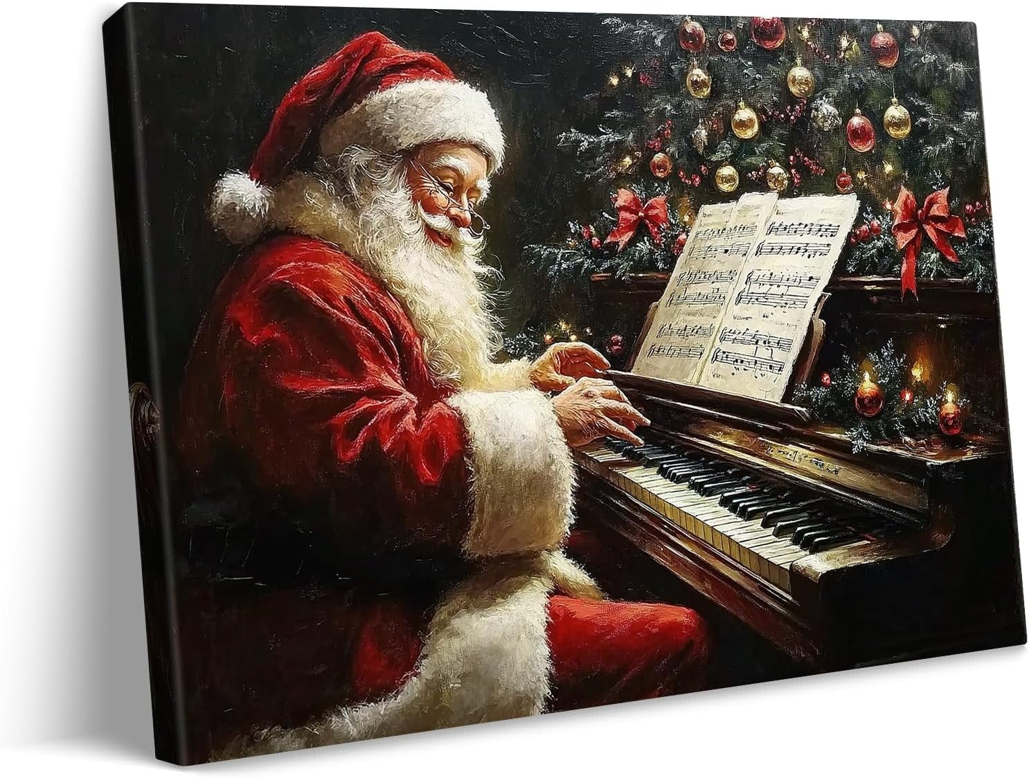 AVOI Vintage Christmas Canvas Wall Art Classic Santa Claus Playing Piano Painting Retro Xmas ...