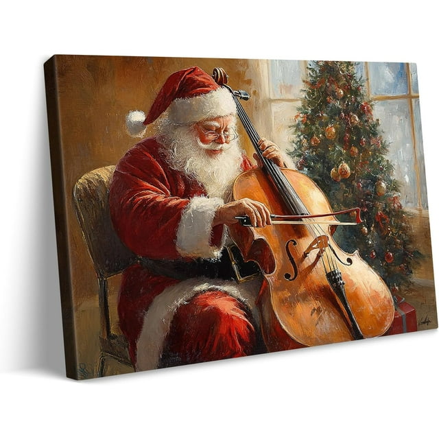 AVOI Vintage Christmas Canvas Wall Art Classic Santa Claus Playing Violoncello Painting Retro ...