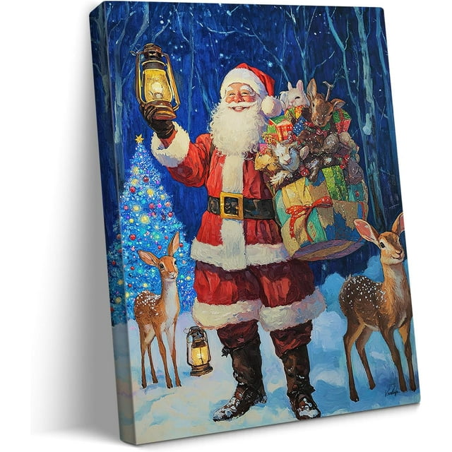 AVOI Vintage Christmas Canvas Wall Art Santa Claus and Forest Animals Cozy Winter Scene Painting ...