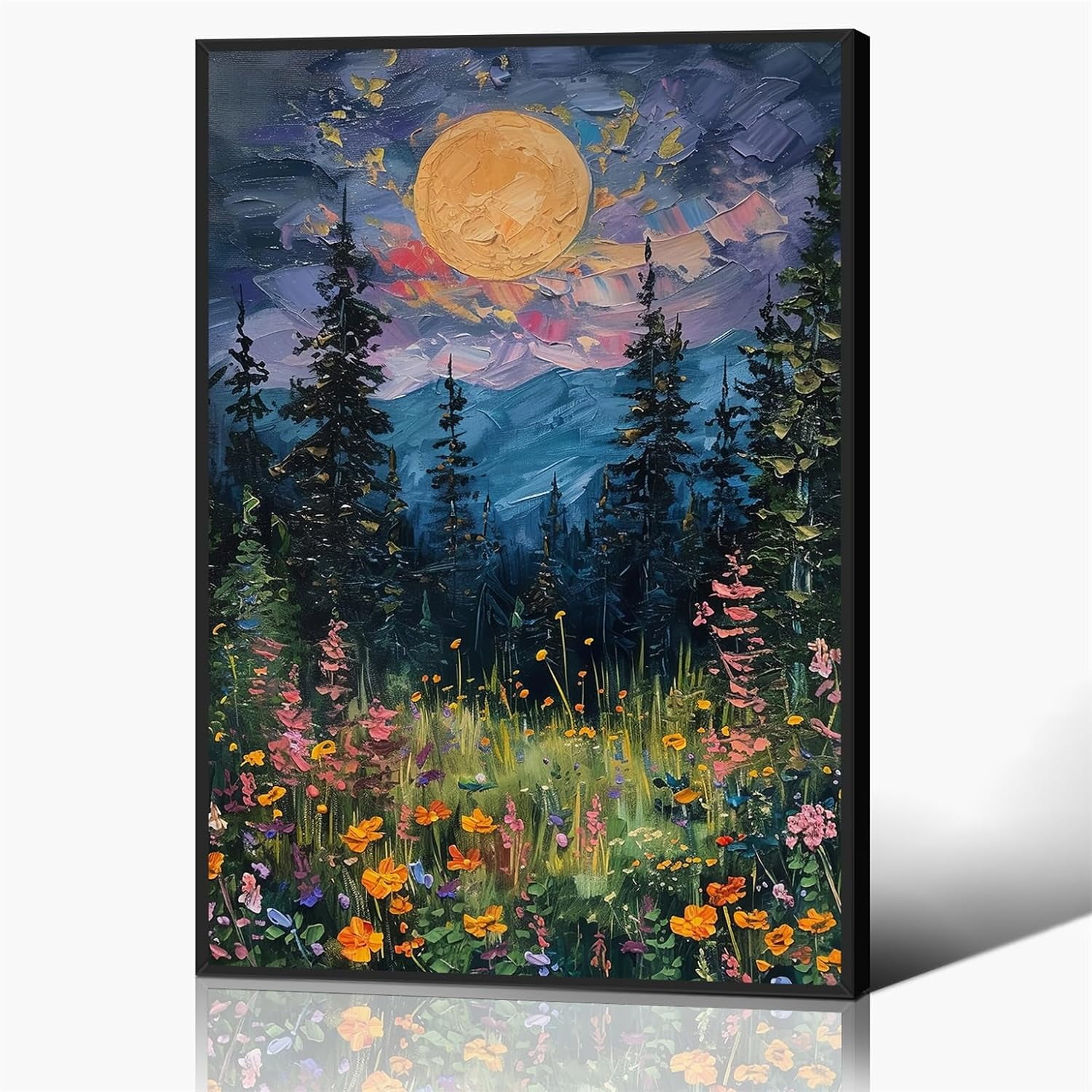 AVOI Vintage Full Moon Above The Wildflowers Canvas Wall Art, Mystical Midnight Woodland Art ...