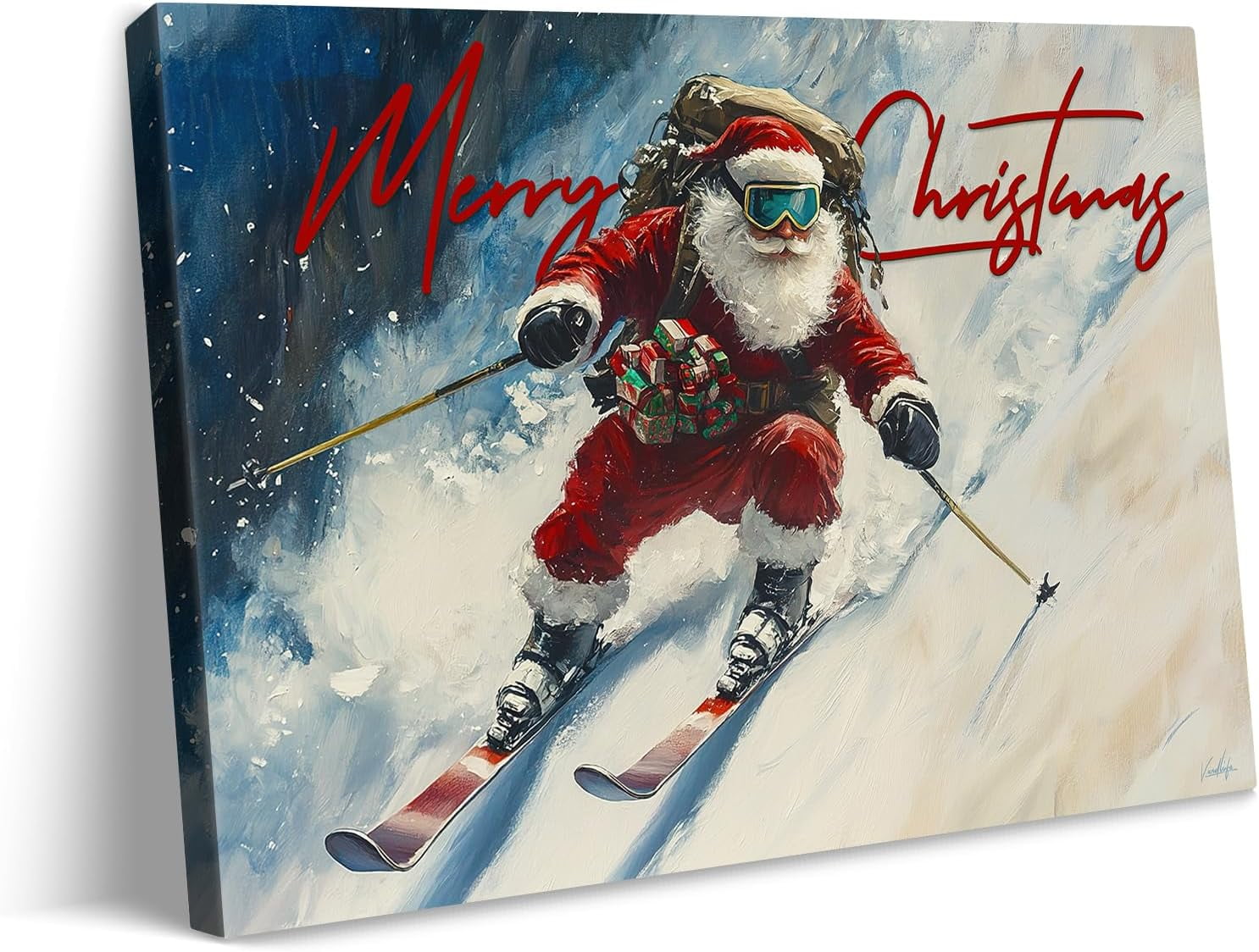 AVOI Vintage Merry Christmas Canvas Wall Art Santa Claus Skiing with Gifts on His Back Painting ...
