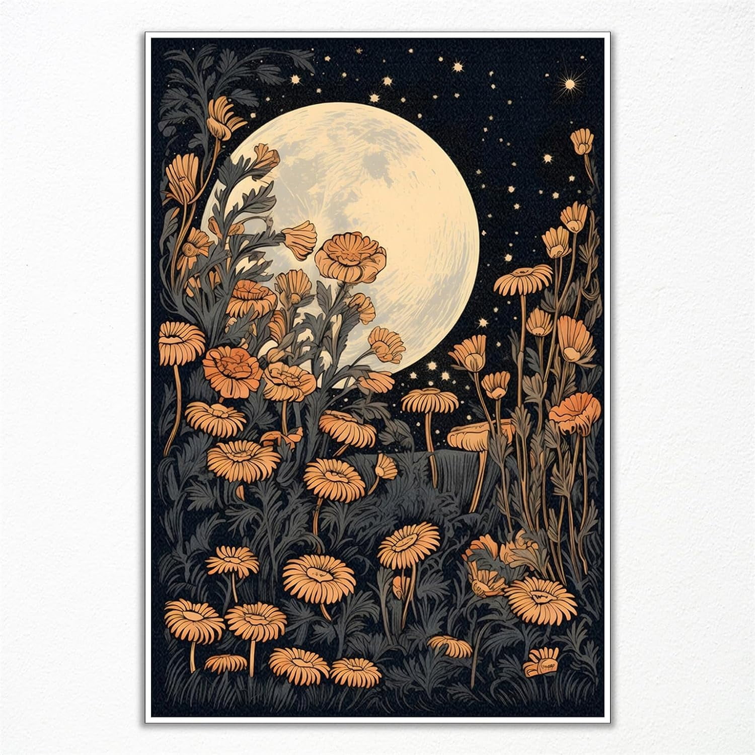 AVOI Vintage Moon Flowers Canvas Wall Art, Retro Mystical Celestial ...