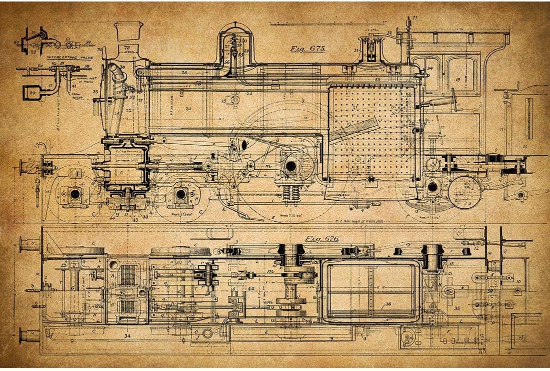AVOI Vintage Poster Print Antique Train Mechanical Blueprint Structural ...