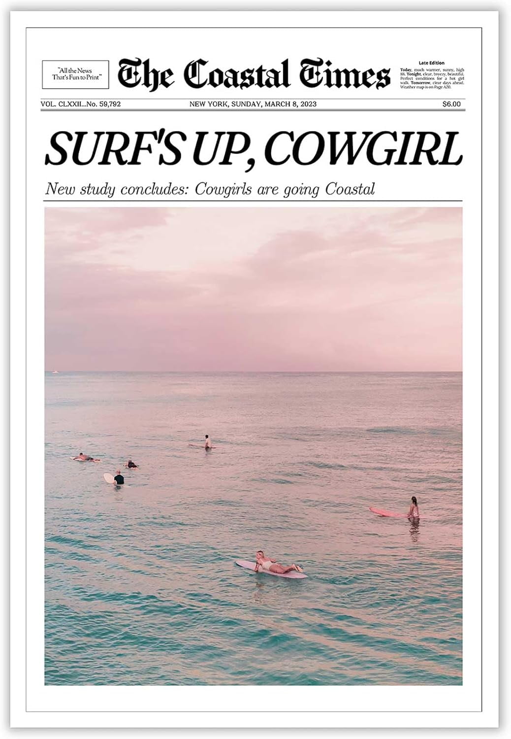 AVOI Vintage Surf'S Up,Cowgirl Posters Pink Coastal Summer Beachy Newspaper Canvas Wall Art ...