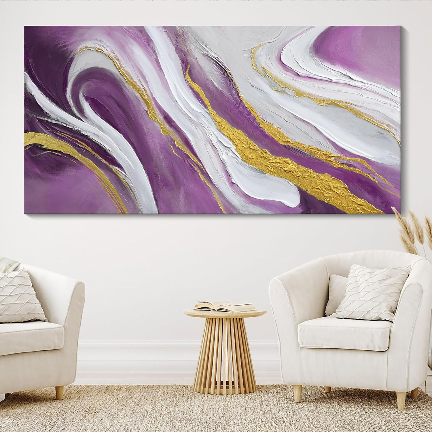 AVOI Wall Art Living Room, Modern Abstract Purple Gradient Gold Line ...