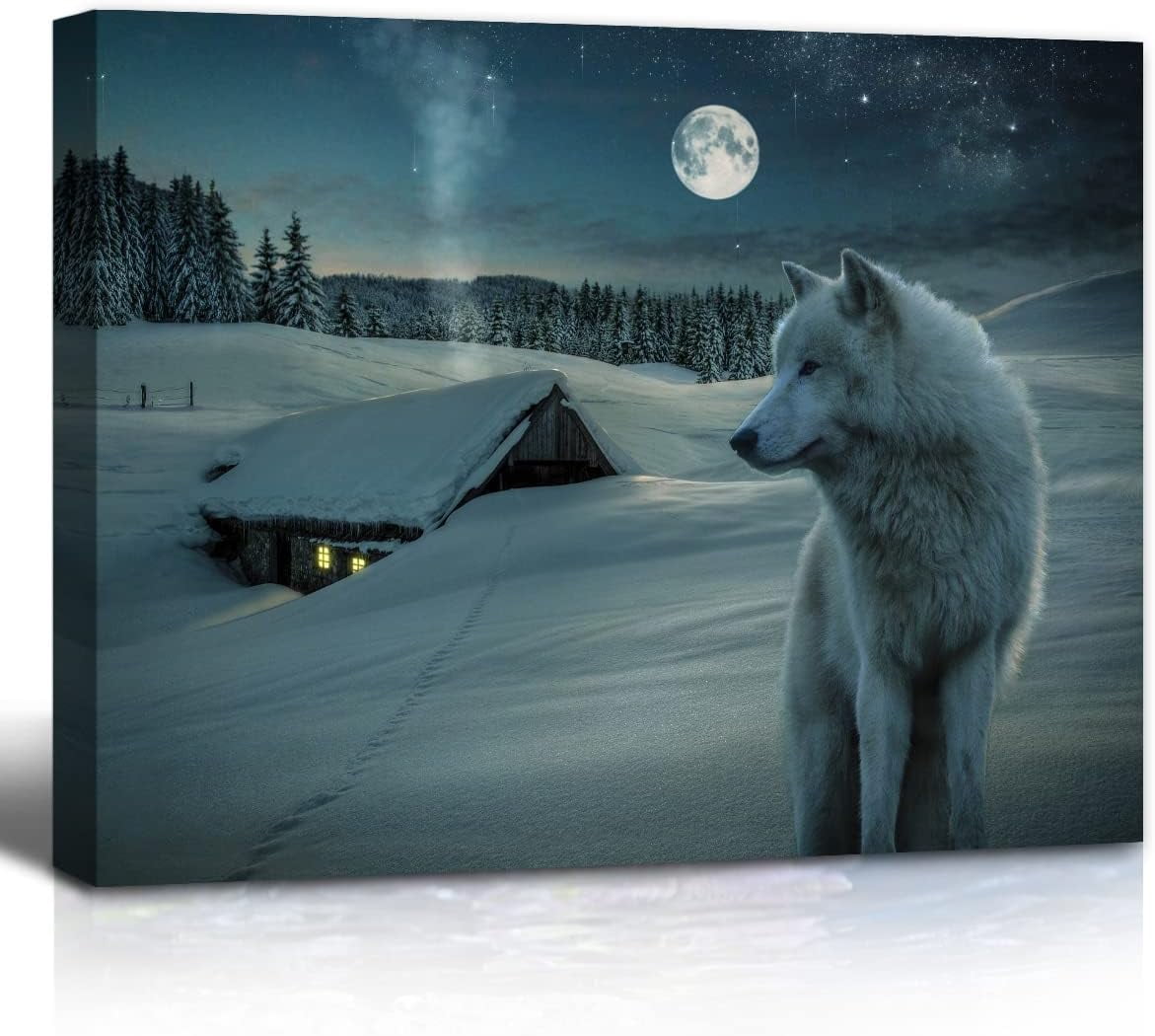 AVOI Wild Animals Canvas Wolf Wall Art Snow Night Moon Wolf Starry Sky ...