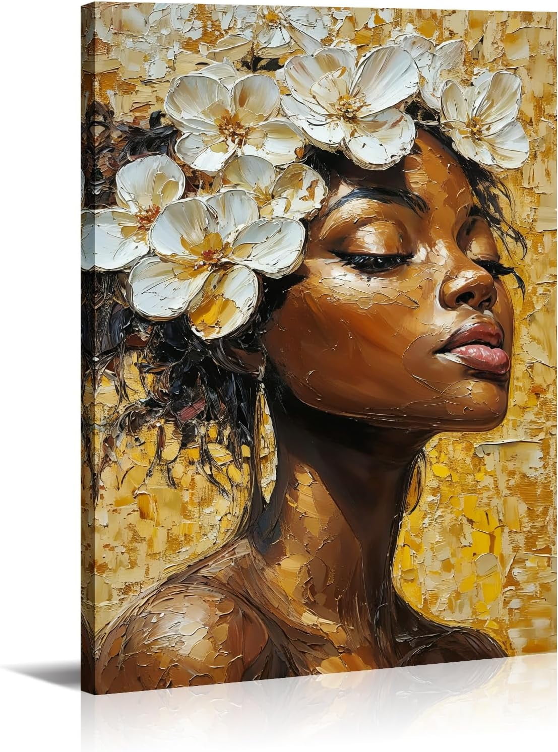 AVOI Woman Wall Art African American Wall Decor Black Art Girl with White Flower Picture ...
