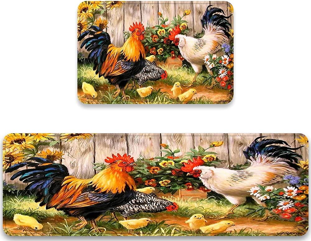 AVOPATH Kitchen Floor Mat Set 2pcs,Sunflower and Rooster Picture ...