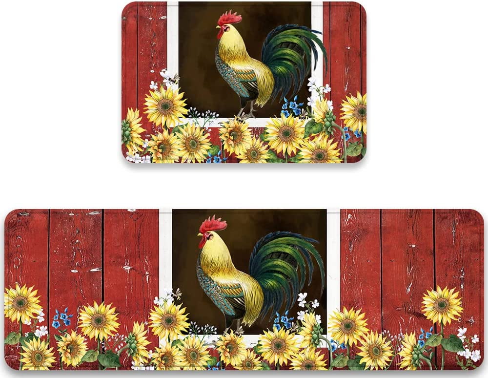 AVOPATH Kitchen Rugs Sets 2 Piece Sunflower Farmhouse Rooster Red Wood ...