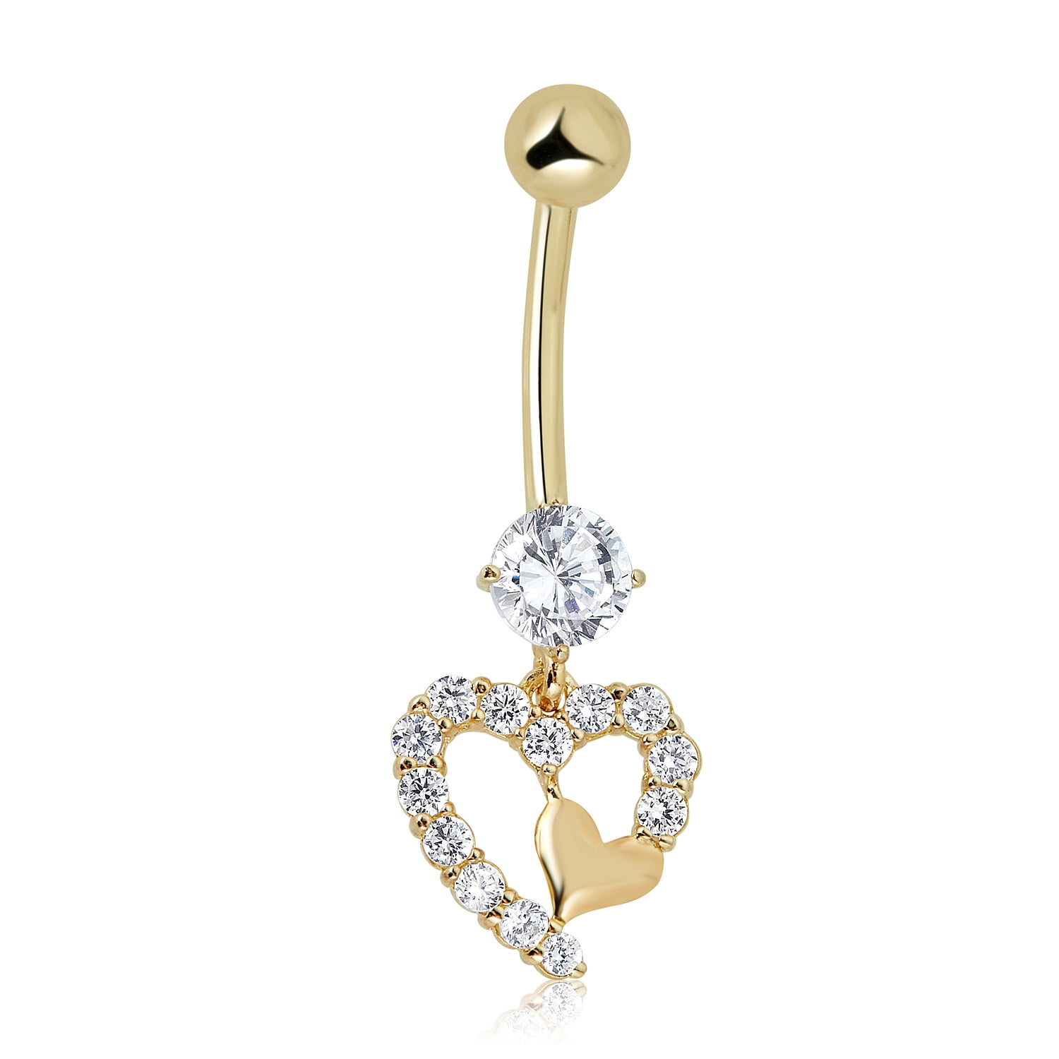 AVORA 10K Yellow Gold Simulated Diamond CZ Dangling Double Heart Belly ...