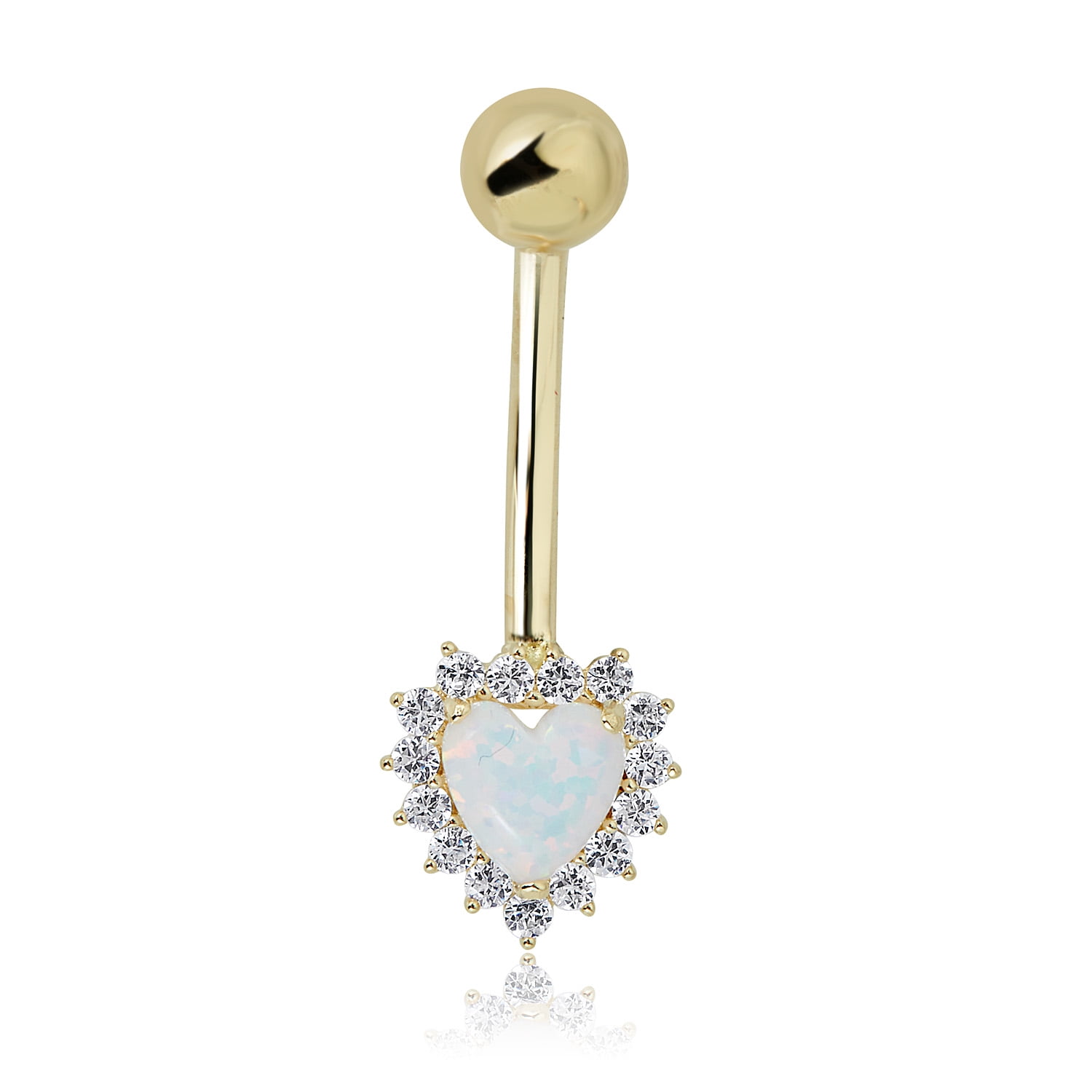 AVORA 10K Yellow Gold Simulated Opal Heart Halo with Simulated Diamond CZ Halo Dangle Belly ...