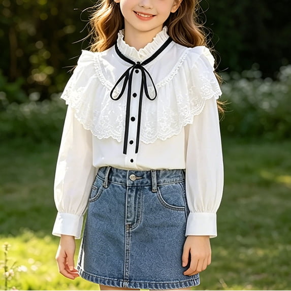 AVRNLIQ Girls White Cotton Long Sleeve Blouse with Detachable Bow Tie ...