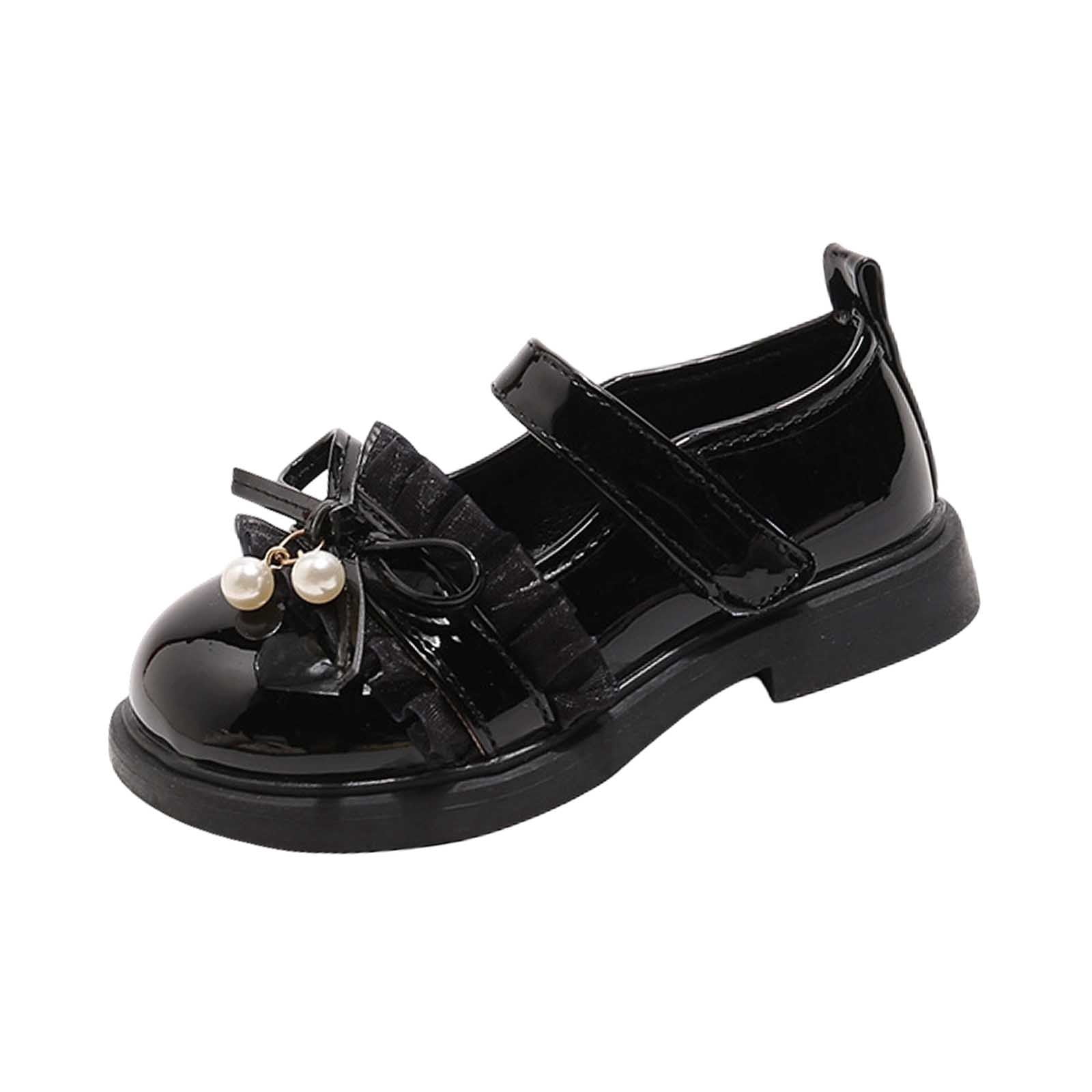 AVRNLIQ Kids Girls Black Mary Jane Flats Bow Pearl Dress Shoes Non-Slip ...