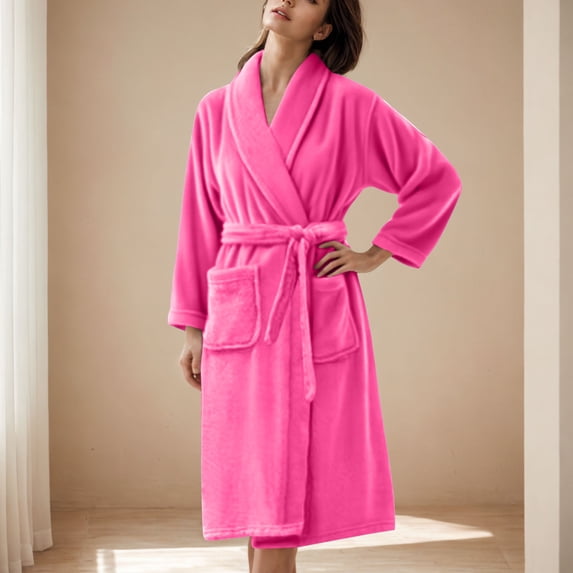 AVRNLIQ Women Hot Pink Flannel Long Robe with Pockets Soft Warm ...
