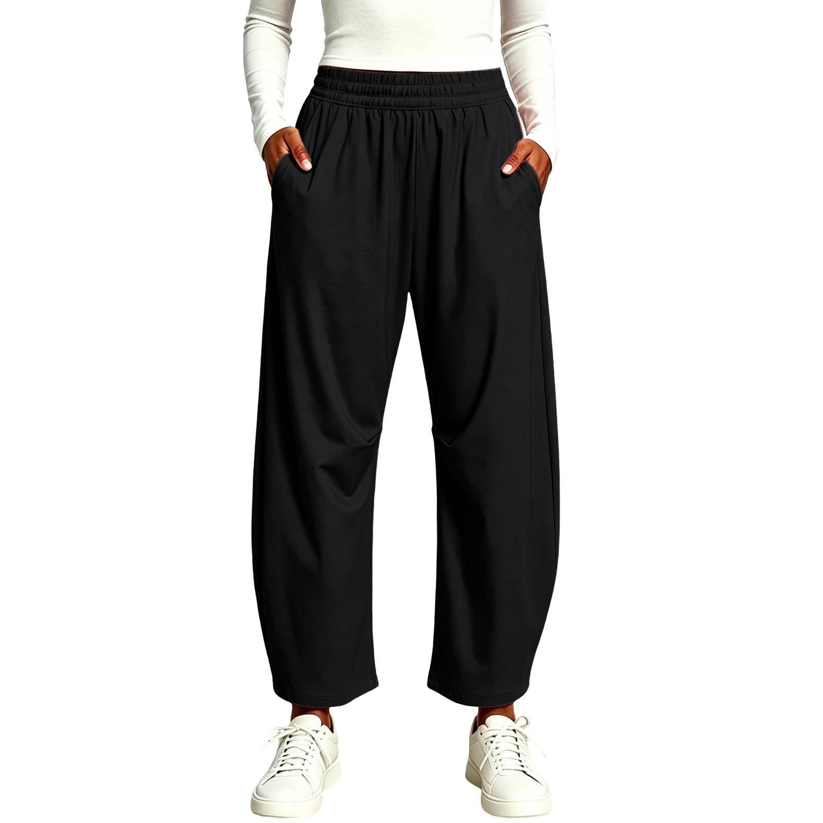 AVRNLIQ Womens Black Nylon High Waisted Loose Fit Ankle Length Casual ...