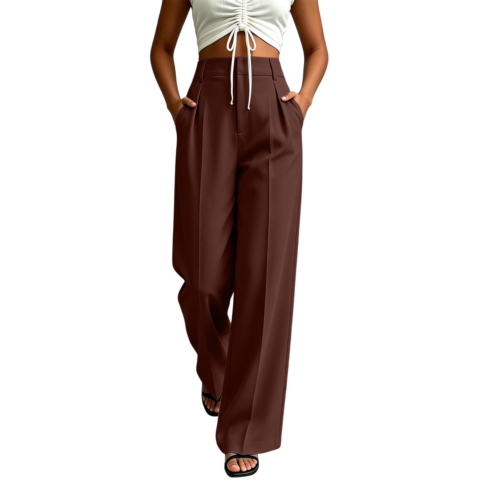 AVRNLIQ Womens High Waisted Wide Leg Dress Pants Wine Stretchy Work ...