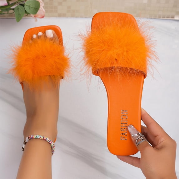 AVRNLIQ Womens Orange Fluffy Feather Slip On Slide Mules Square Toe ...