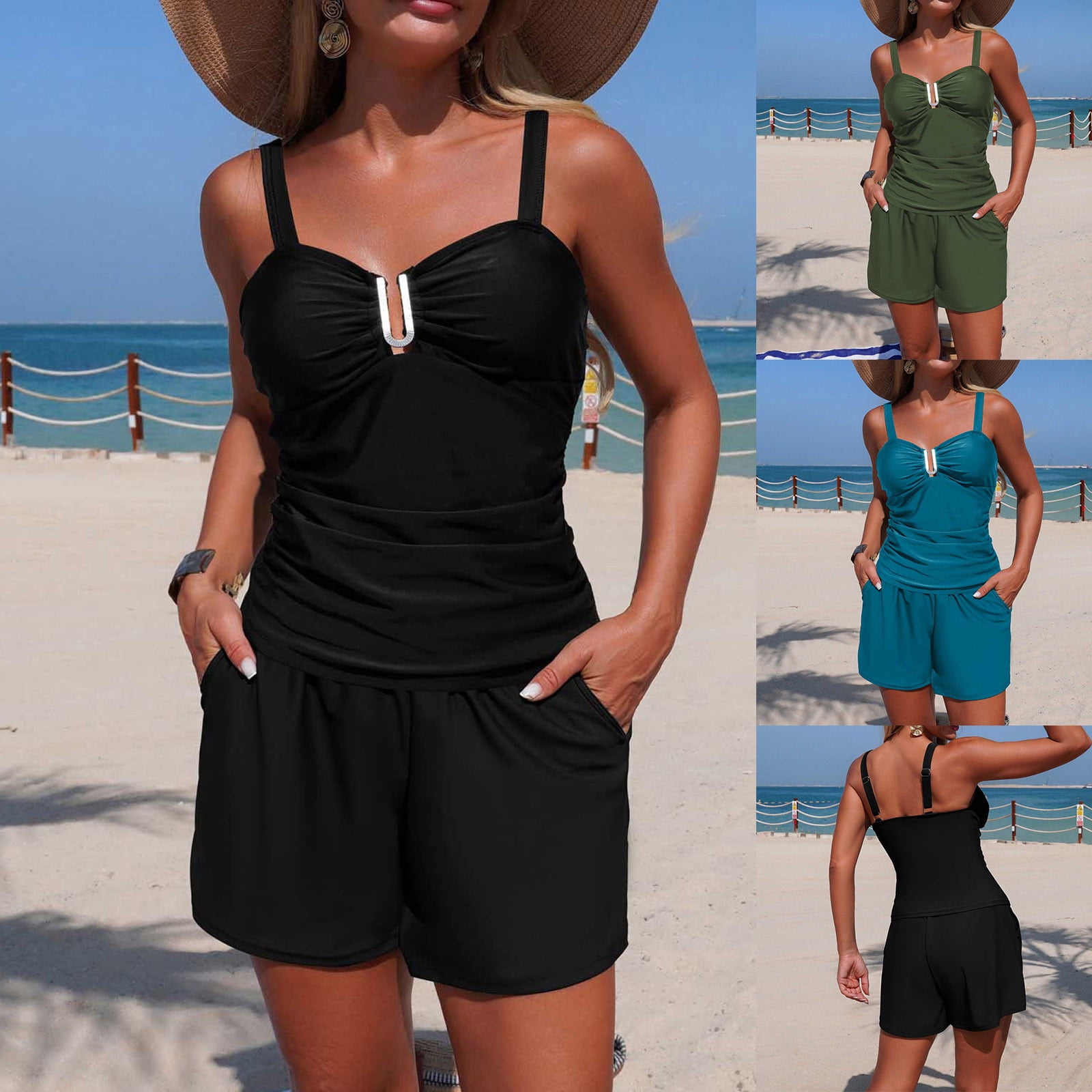 AVTOIFY Solid Color Women's Matching One-Piece Bikini Set Swimsuit With ...